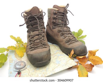Hiking Boots Map Compass Fall Leaves Stock Photo 304609907 | Shutterstock