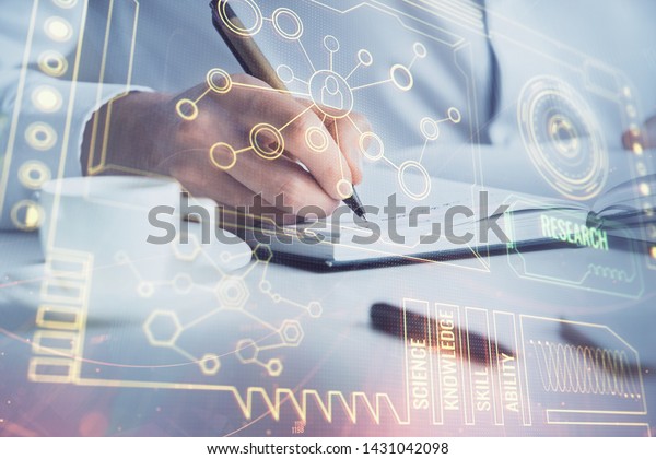 Human Hands Tech Theme Double Exposure Stock Photo (Edit Now) 1431042098