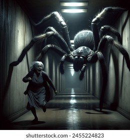 Menschengroße Spinne jagt alte Dame dunklen Durch KI generiertes Bild ...