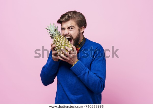 Hungry Man Devouring Pineapple Stock Photo 760265995 | Shutterstock