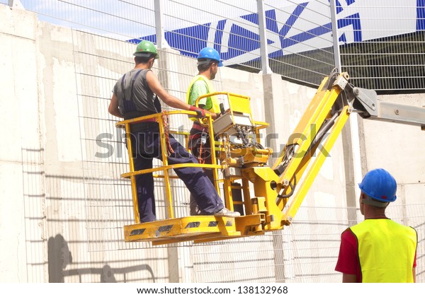 Hydraulic Mobile Construction Platform Elevated Towards Stock Photo ...