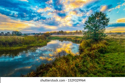 Reflection of nature in the river at sunset HD wallpaper download