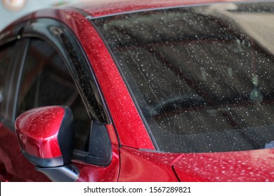 Nissan red car in the rain on the forest road 4K wallpaper download