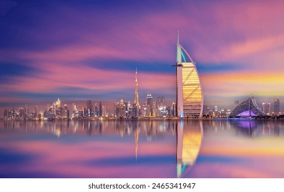 Huge buildings of Dubai city in water 2K wallpaper download