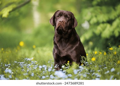 Blue flowers and cute dog 2K wallpaper download