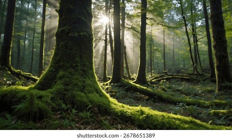 Misty Forest Floor with Vibrant Green Foliage premium 2K wallpaper download