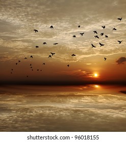 Corvi che volano al tramonto su un paesaggio mistico premium 2K scarica ...