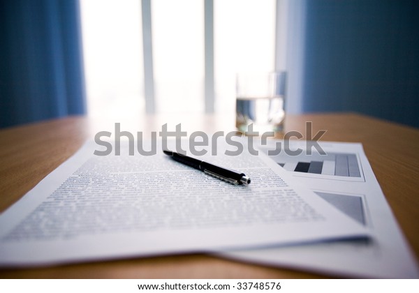Image Workplace Focus On Papers Pen Stock Photo (Edit Now) 33748576
