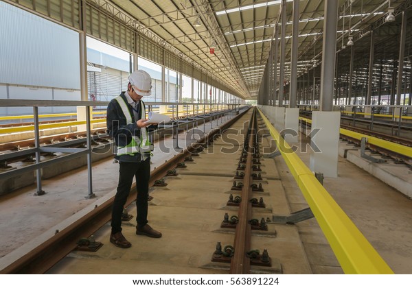 Inspector Engineer Checking Drawing Railway Track Stock Photo 563891224 ...