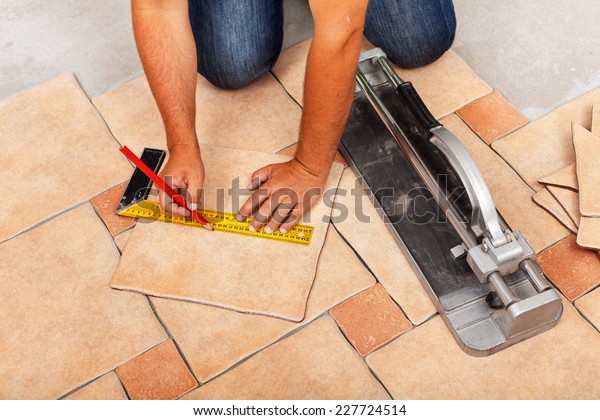 Installing Ceramic Floor Tiles Measuring Cutting Stock Photo (Edit Now ...