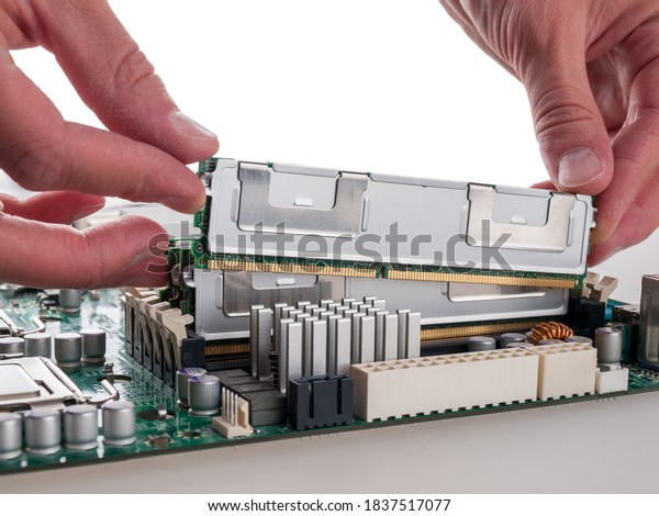 Installing Ram Modules Computer Motherboard Replacing Stock Photo ...