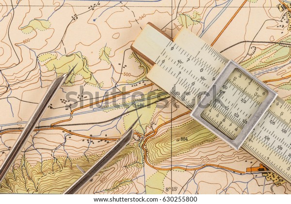 Instruments Measuring On Topographic Map Stock Photo (Edit Now) 630255800