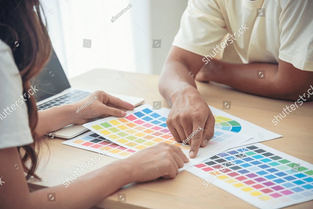 Interior designer team partner engineer brainstorming choosing color ...