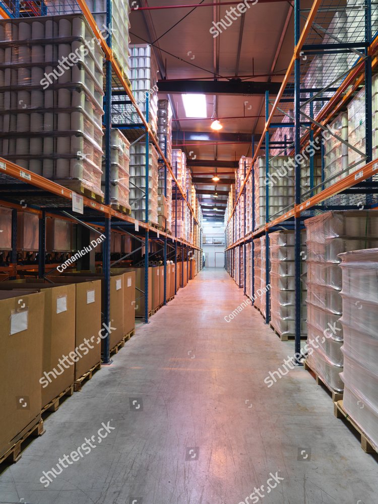 interior perspective of a three storeys high hall, in an industrial ...
