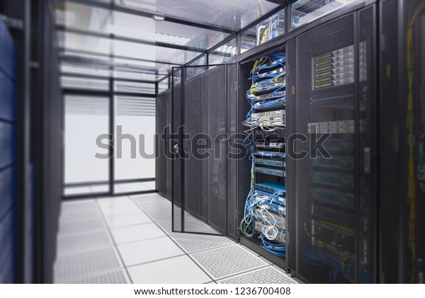 Interior of Server Room, Super Computer, Data Center with abstract ...