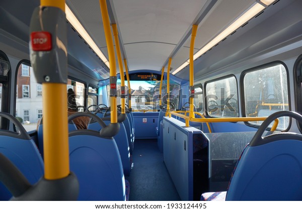 Interior of the upper deck of Double decker-bus. Taken from behind blue ...