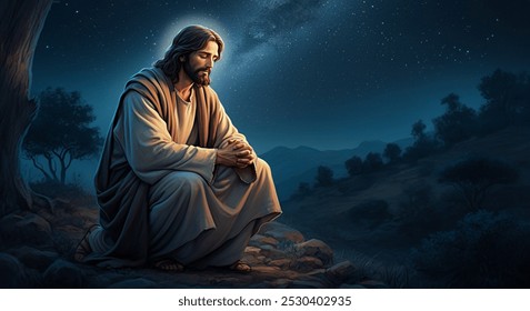 Biblical Image Jesus Praying Night Alone AI 생성 이미지 2542656275 ...