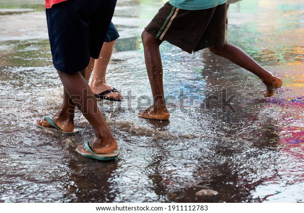 Kids Playing Rain Vacation Program Neighbourhood Stock Photo 1911112783 ...