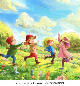 Children Playing Springtime Fields Using Realistic — изображение ...