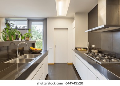 Kitchen Interior Aisle Between Two Worktops Stock Photo (Edit Now ...