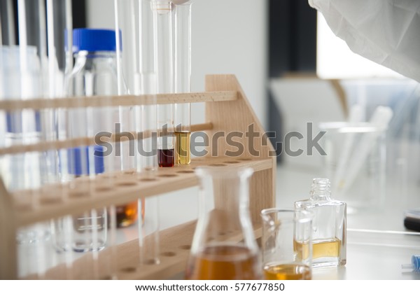 Lab / Laboratory environment with test tubes, Erlenmeyer flask, vials ...