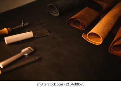 Leather Workshop Tools Master Leatherworker Rolls Stock Photo ...