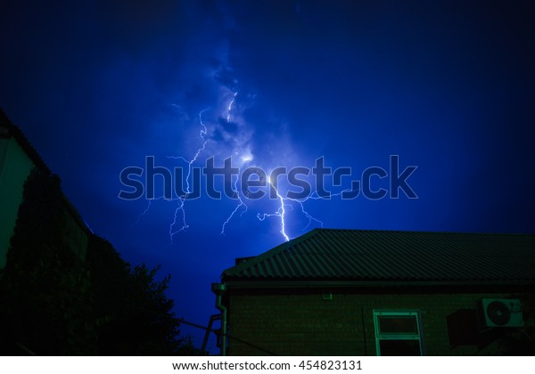 Lightning Night Sky During Thunderstorm Over Stock Photo 454823131 ...