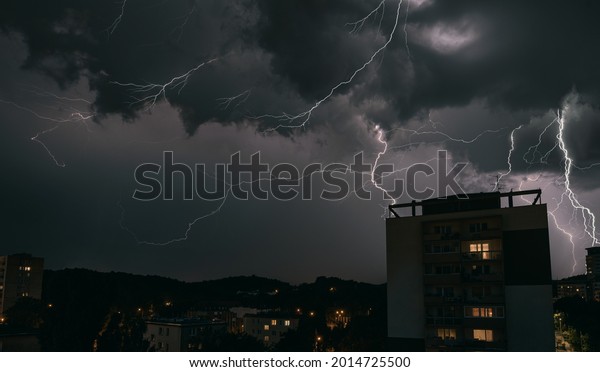 Lightning Night Sky Heavy Thunderstorms Striking Stock Photo 2014725500 ...