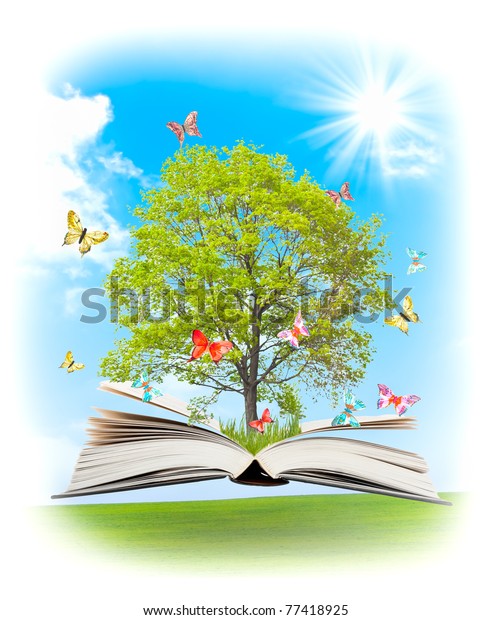 Magic Book Green Tree Rays Light Stock Photo (Edit Now) 77418925