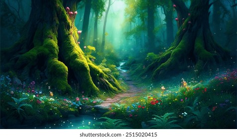 Realistic Fantasy Setting Enchanting Forest Where AI-generated image ...