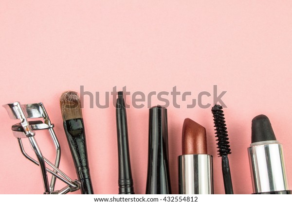 Makeup Cosmetics Tools Pink Background Stock Photo (Edit Now) 432554812