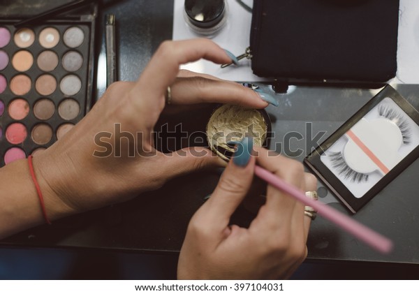 Makeup Workspace Hand Applying Makeup Top Stock Photo 397104031 ...