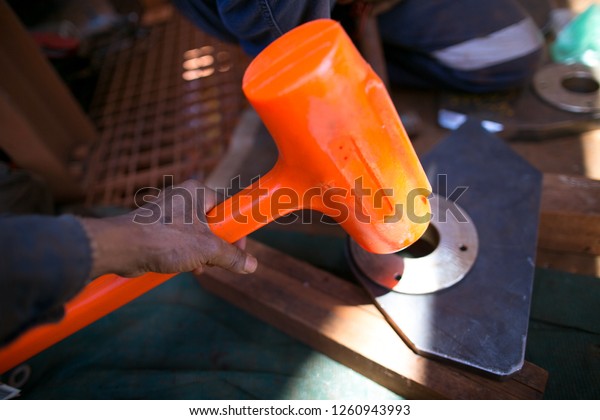 Male Construction Worker Hand Using Orange Stock Photo 1260943993 ...