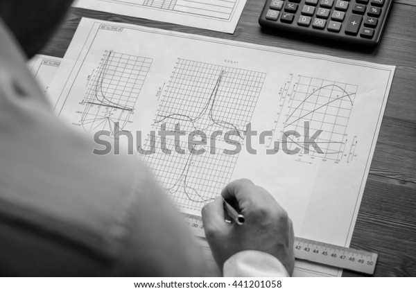 Man Analyst Working Documents Drawings Diagrams ภาพสต็อก 441201058 ...