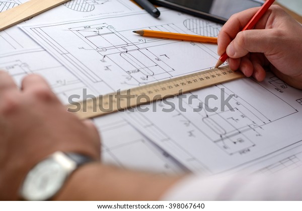 Man Architect Draws Plan Graph Design Stock Photo (Edit Now) 398067640