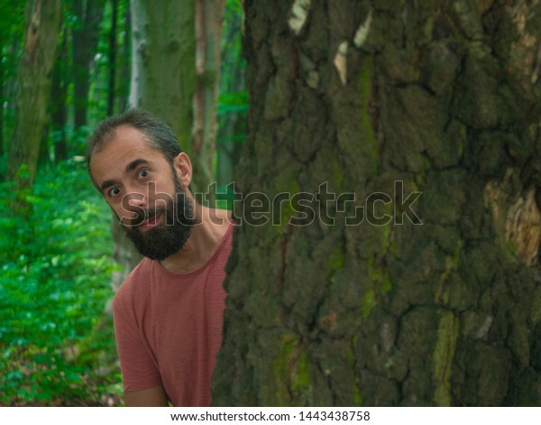 Man Beard Looking Behind Tree Blurred Stock Photo 1443438758 | Shutterstock