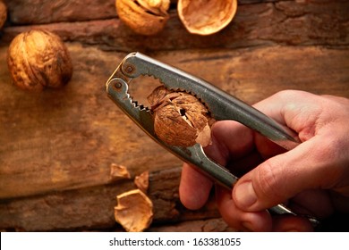 Man Cracking Walnut Metal Nutcracker Hand Stock Photo 163381055 ...