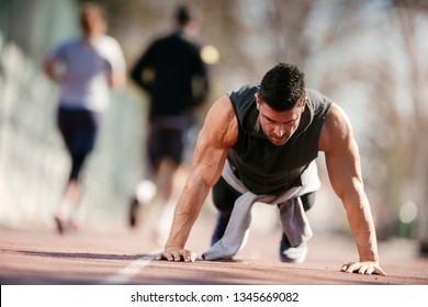 Man Doing Push Trainer Exercises Outdoors Stock Photo 1345669082 ...