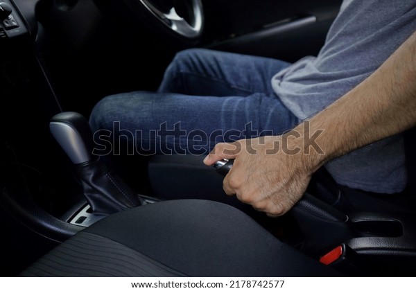 Man Drivers Hand Pulling Handbrake Lever Stock Photo 2178742577 ...
