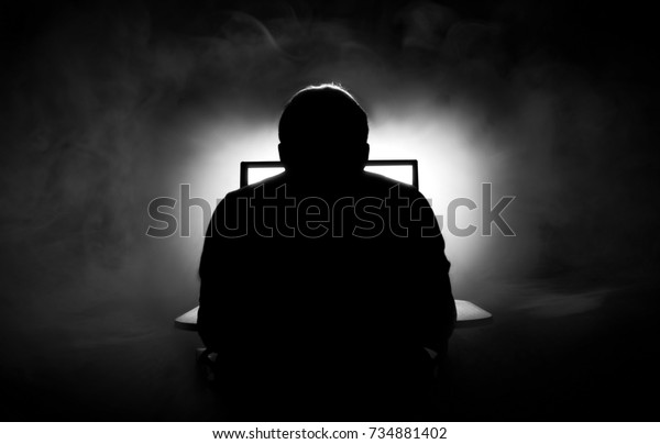 Man Front Computer Dark Night Room Stock Photo (Edit Now) 734881402