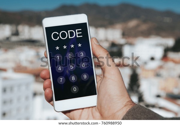 Man Holding Mobile Phone Passcode Screen Stock Photo 760988950 ...