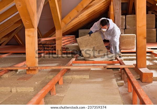 Man Installing Thermal Insulation Layer Under Stock Photo 237359374 ...