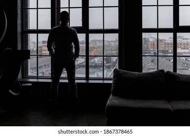 Silhouette Man Standing By Window Young Stock Photo 1149188243 ...