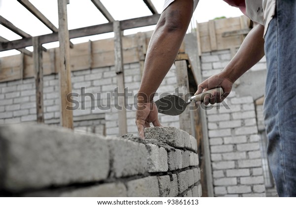 Man Plastering Layering Wall Bricks Shallow Stock Photo 93861613 ...