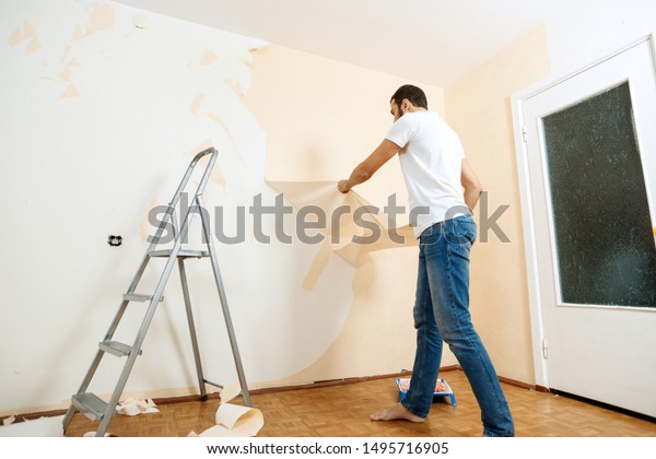 Man Scraper Process Removing Old Wallpaper Stock Photo 1495716905 ...
