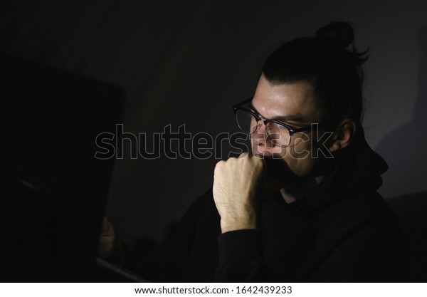 Man Sitting Laptop Dark Using His Stock Photo 1642439233 | Shutterstock