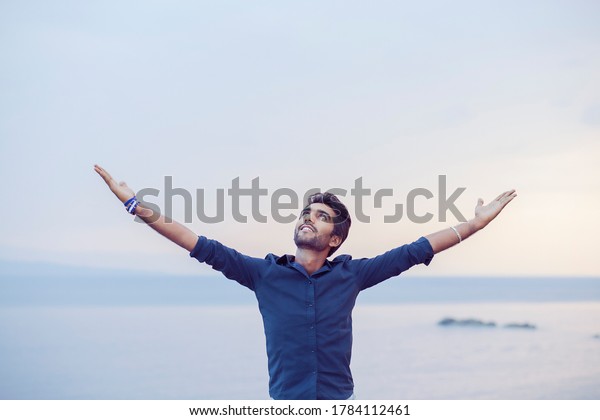 Man Smiling Looking Blue Sky Taking Stock Photo (Edit Now) 1784112461