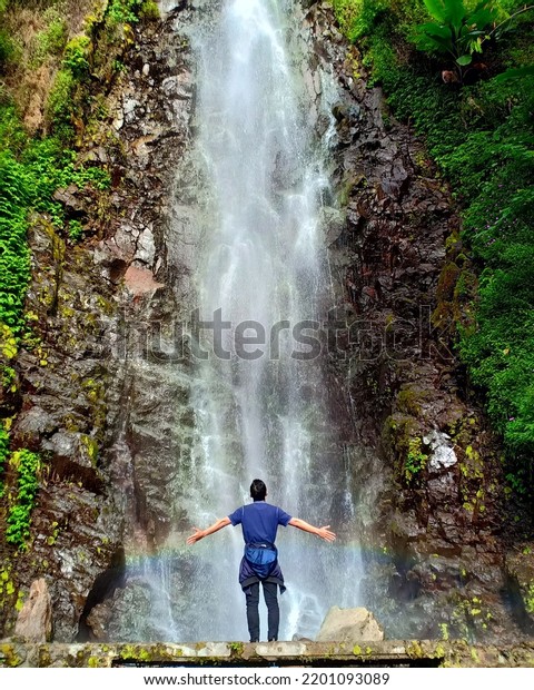 Man Standing Front Waterfall Stock Photo 2201093089 | Shutterstock