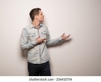 Man Standing Presenting Over Empty White Stock Photo 256410754 ...