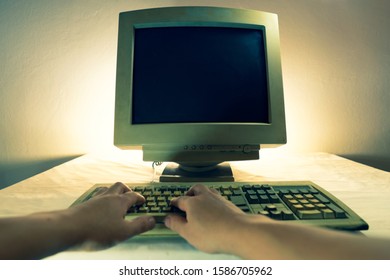Man Using Old Personal Computer Monitor Stock Photo 1586705962 ...